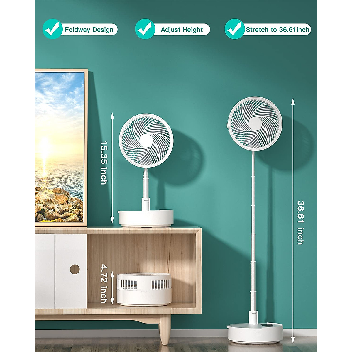 AICase Stand Fan, 9.5 inch Folding Portable Telescopic Floor/USB Desk Fan with 10000mAh Rechargeable Battery,4 Speeds Super Quiet Adjustable Height and Head Great for Office Home Outdoor Camping