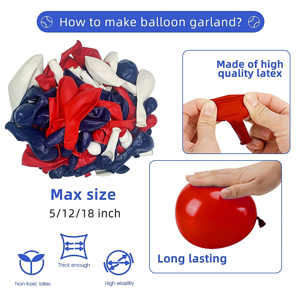 Baseball Garland Arch Kit With Glove, Bat, and Star Balloons - 128pcs Red, White, and Navy Blue for Baseball Theme Birthday, Baby Shower Party Supplies