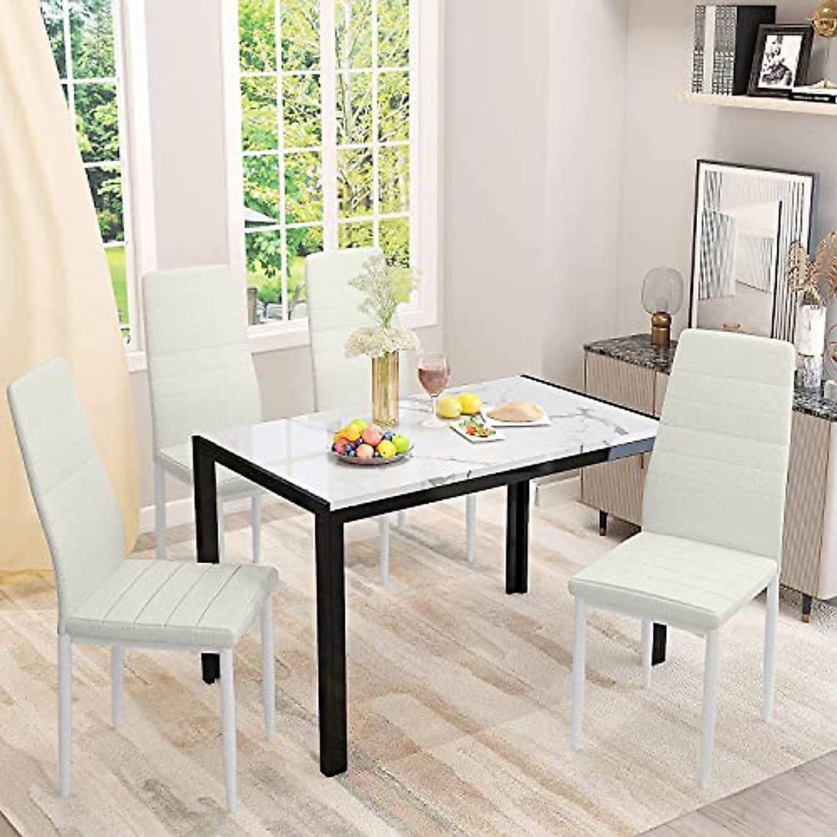 AWQM Marble Dining Table Set for 4, Rectangular Faux Marble Table and 4 PU Leather Chairs, 5 Pieces Kitchen Table Set,Ideal for Living Room, Dining Room,Breakfast Nook, White&Beige