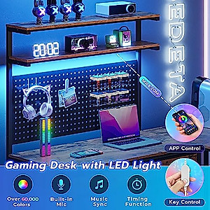 SEDETA L Shaped Gaming Desk with LED Lights and Drawers, Gaming Desk with Hutch & Pegboard, Computer Desk with Monitor Stand, Storage Shelves, Home Office Desk Corner Desk, Gaming Table, Rustic Brown