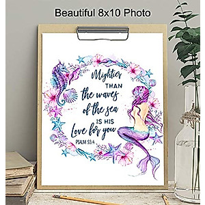 Mermaid Seahorse Seashells Wall Art - Inspirational Bible Verse Religious Quote - Christian Scripture Room Decor for Bathroom, Bedroom - Nautical Ocean Beach House Poster - Mightier Than the Waves