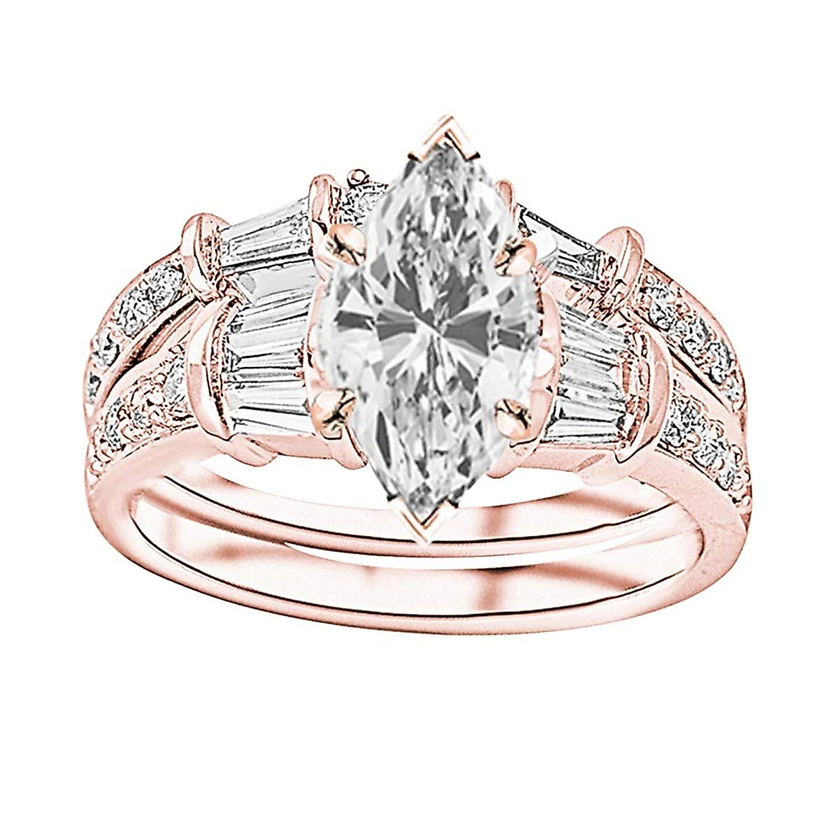 2.25 Ctw 14K Rose Gold Channel Baguette Round Bridal Wedding Band Set and GIA Certified Marquise Cut Diamond Engagement Ring (1.5 Ct Center G-H Color VS1-VS2 Clarity)
