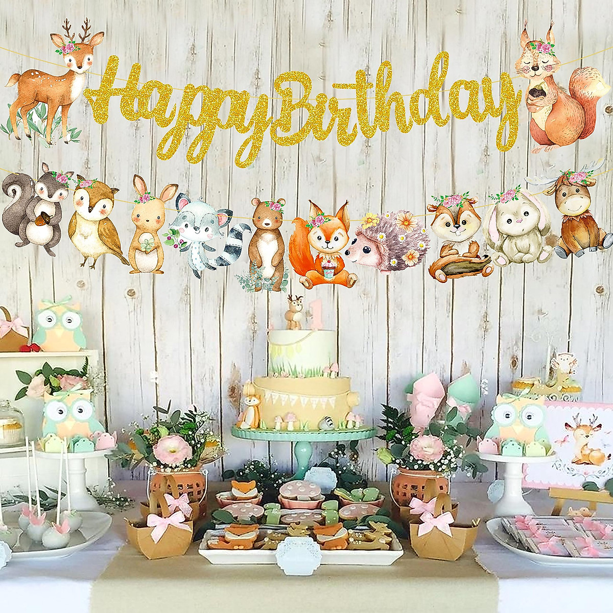 Woodland Animal Happy Birthday Banner Woodland Creatures Banner Decorations 2Pcs Forest Animals Cutout Banners for Woodland Theme Baby Shower Supplies