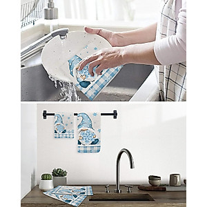 Blue Plaid Gnomes Winter Dish Towels Set, Waffle Weave Kitchen Towels Microfiber Towels Cleaning Christmas Snowflake Rustic Burlap Soft Absorbent Dish Drying Towels Hand Towels 2 Pack 15.7x23.6 In