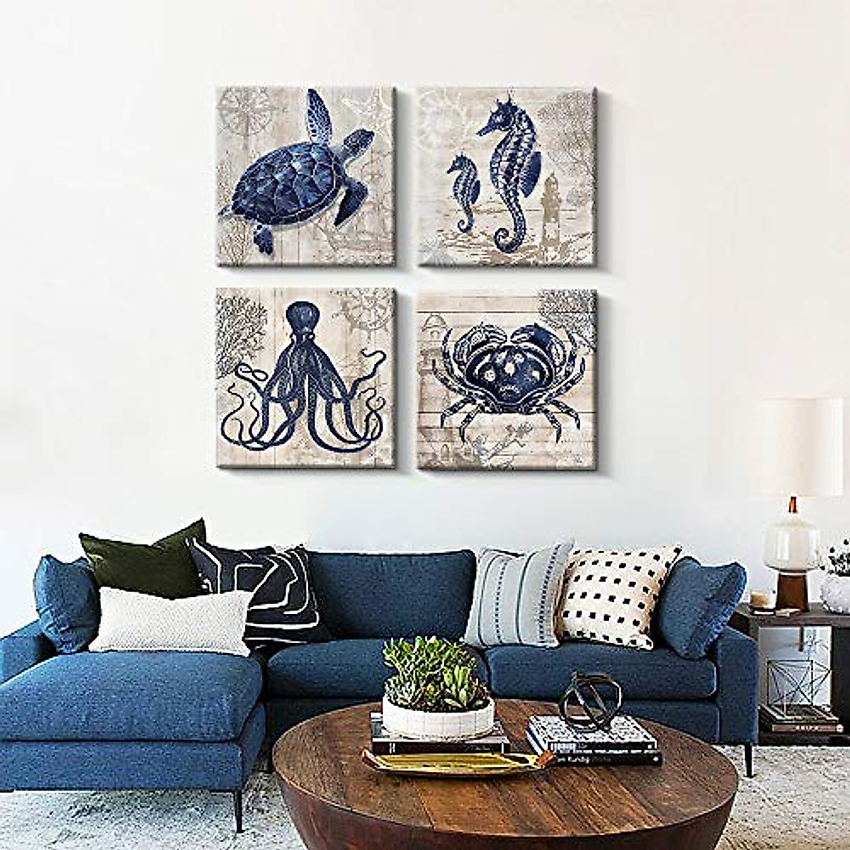 Bathroom Decor 4 Panel Canvas Wall Art - Ocean Theme Canvas Prints Sea Animal Octopus Crab Seaturtle Seahorse Decor Pictures Livingroom Posters - 12 x 12 x 4 pcs (12" x 12" x 4pcs)