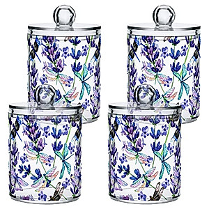 MNSRUU 2 Pack Qtip Holder Organizer Dispenser Dragonfly Lavender Bathroom Storage Canister Cotton Ball Holder Bathroom Containers for Cotton Swabs/Pads/Floss