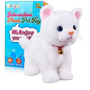 White Plush Cat Stuffed Animal Interactive Cat Robot Toy, Robotic Cat Barking Meow Kitten Touch Control, Electronic Cat Pet, Robot Cat Kitty Toy, Animated Toy Cats for Girls Baby Kids L:12" * H:8" *