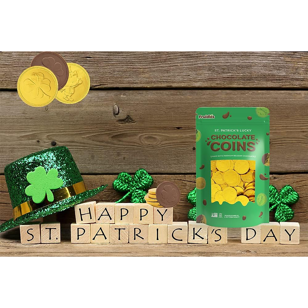 St. Patrick's Day Lucky Belgian Milk Chocolate Gold Coins, Nut-Free, Kosher Certified Dairy, Leprechaun Box (Half-Pound)