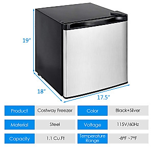 COSTWAY Compact Upright Freezer Countertop, 1.1 cu. ft. Mini Size with Reversible Stainless Steel Door and Adjustable Removable Shelves, Single Door Vertical Freezer for Home, Dorm, Office