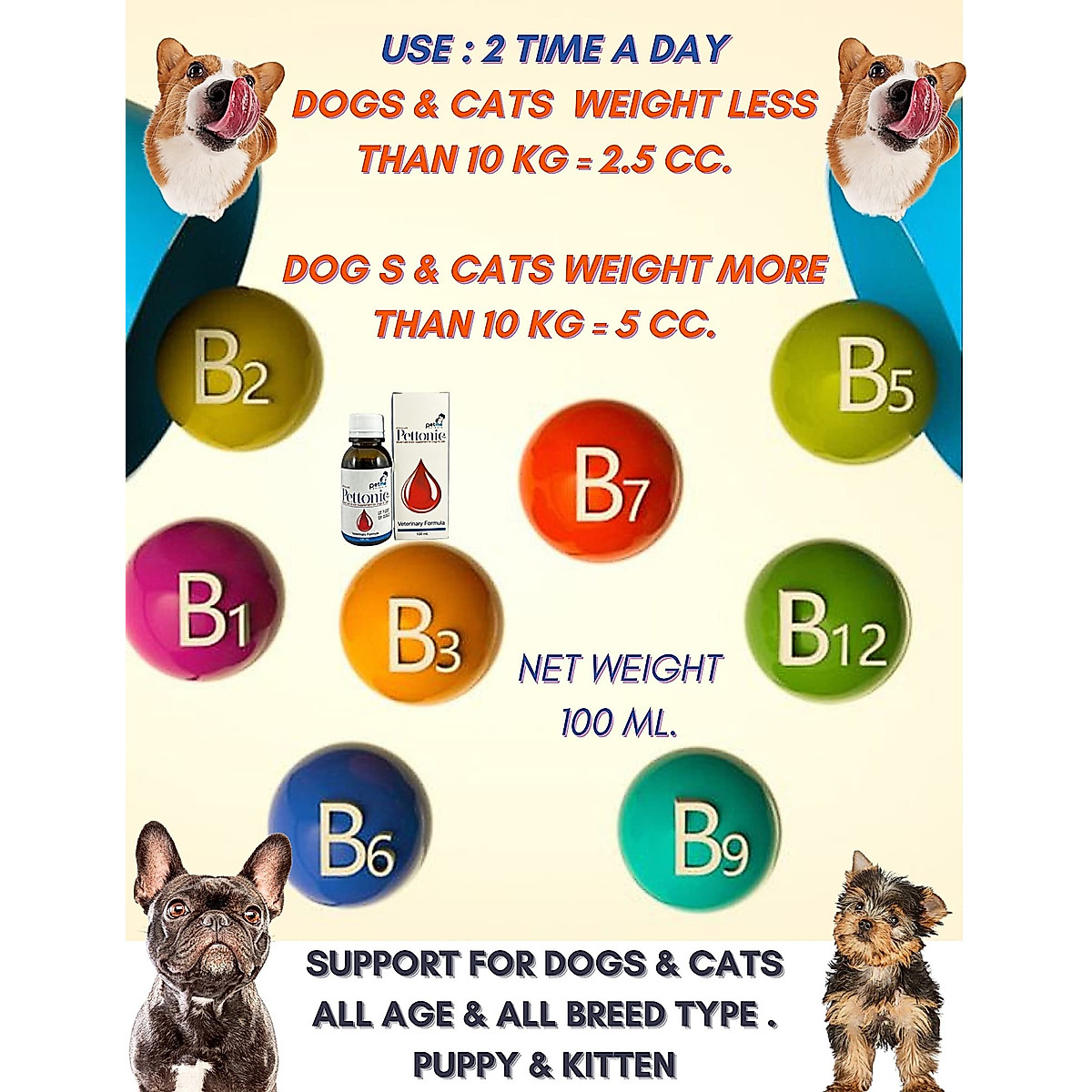 PETTONIC 100 ML. Tonic Pet Booster Liquid Dog Blood Support Iron Supplement for Dogs & Cats Puppies Kitten Food Multi Vitamins Folic B6 B12 Promotes Red Blood Cell, Fast Increasing Energy & Immunity