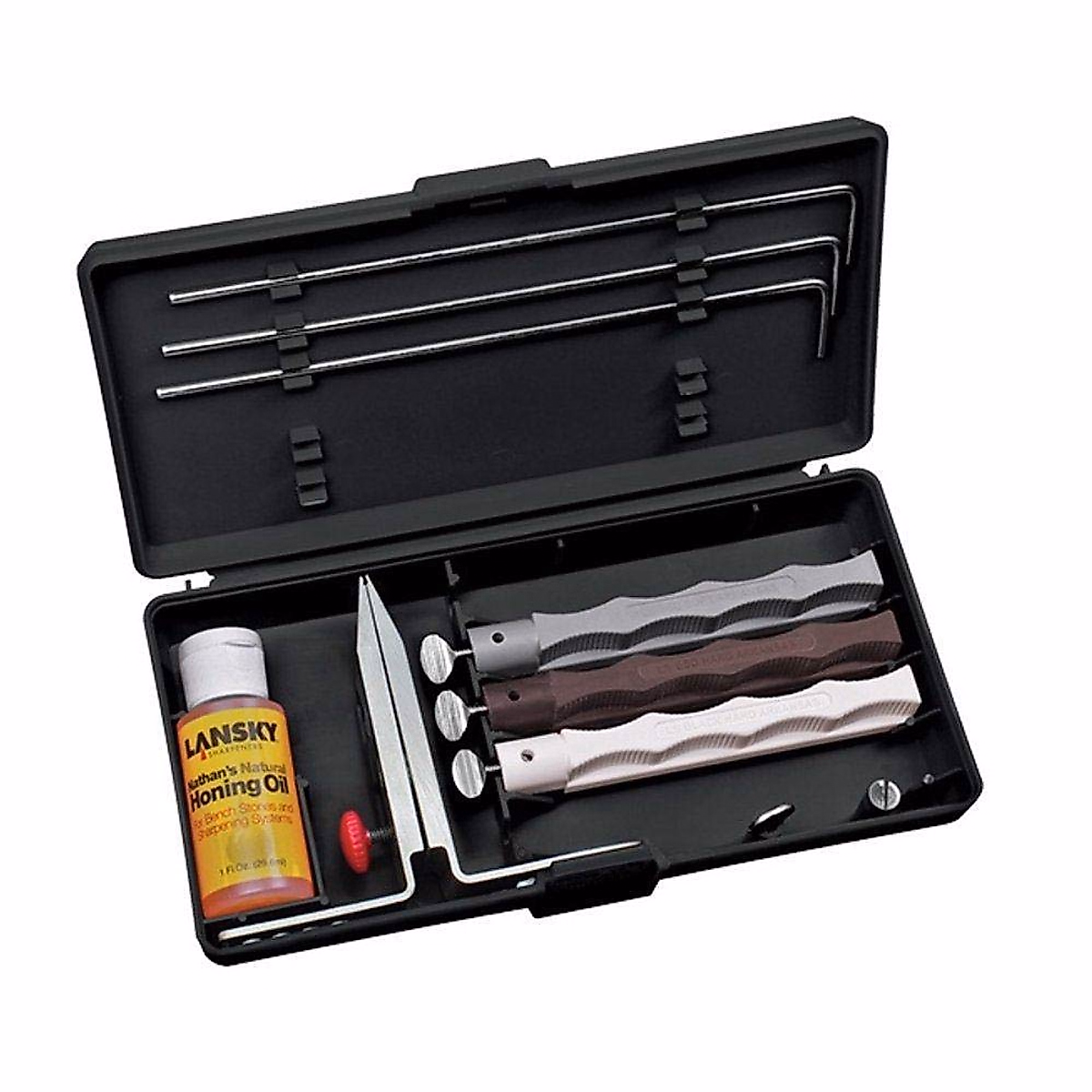 Lansky Natural Arkansas Sharpening System: Natural 3-Stone Arkansas Knife Sharpening Kit with Honing Oil- LKNAT