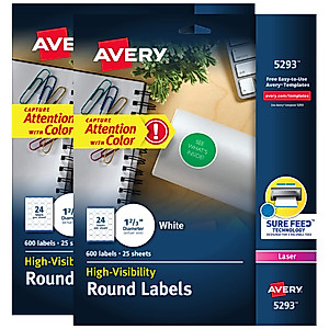 Avery White High Visibility Round Labels with Sure Feed, Permanent, 1-2/3", 2 Pack, 1,200 Labels Total (32135)