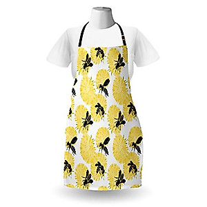 Ambesonne Bee Apron, Bees and Dandelion Flowers in Nature Detail Theme on White Background Print, Unisex Kitchen Bib with Adjustable Neck for Cooking Gardening, Adult Size, Black Yellow