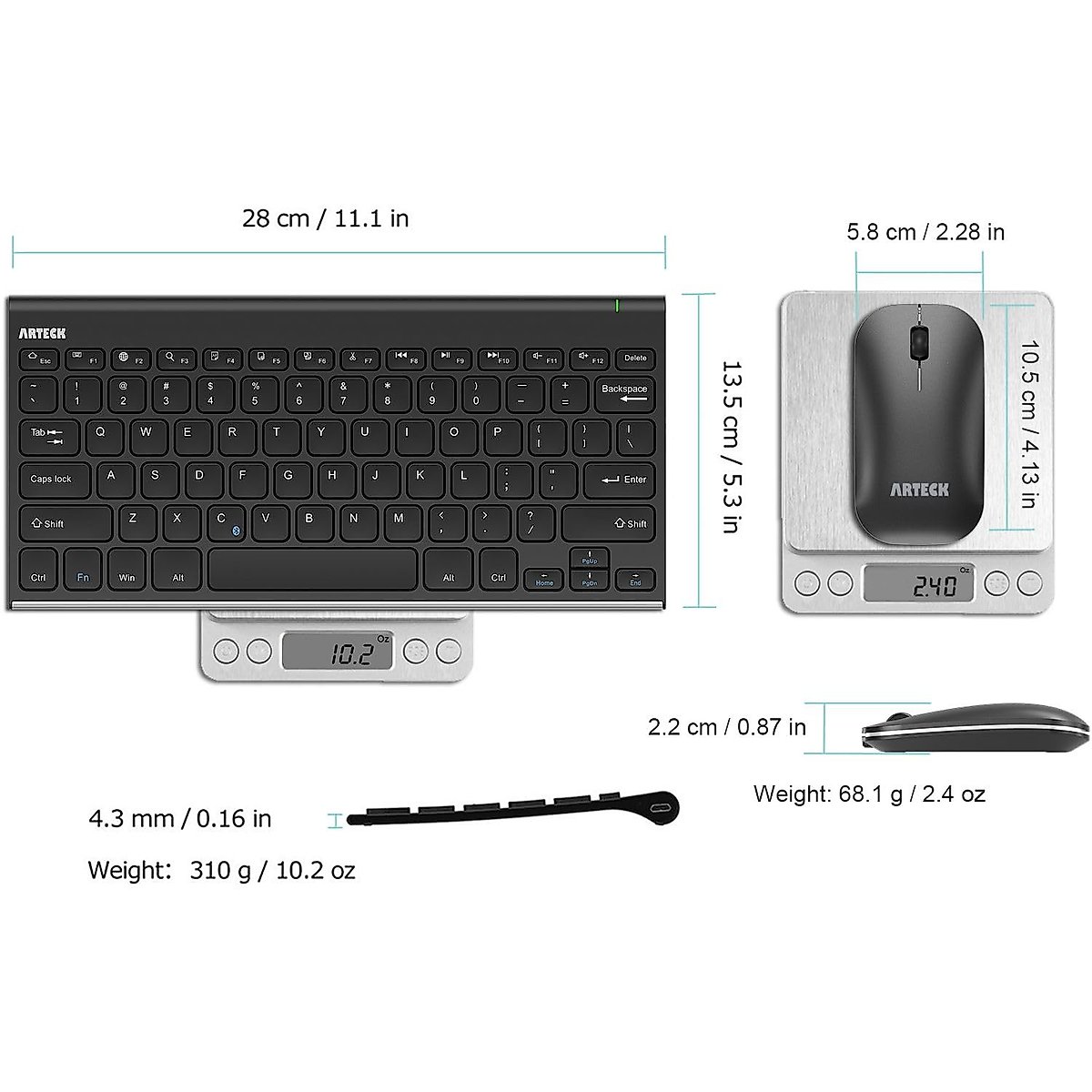 Arteck Bluetooth Keyboard and Mouse Combo Ultra Compact Slim Stainless Full Size Keyboard and Ergonomic Mice for Computer/Desktop/PC/Laptop/Surface and Windows 10/8/7 Built in Rechargeable Battery