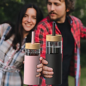 Tronco 20oz Glass Water Bottle with Bamboo Lid, Reusable Glass Water Tumbler with Straw and Silicone Sleeve, Glass Boba Cup,Leak Proof, BPA Free,Dishwasher Safe