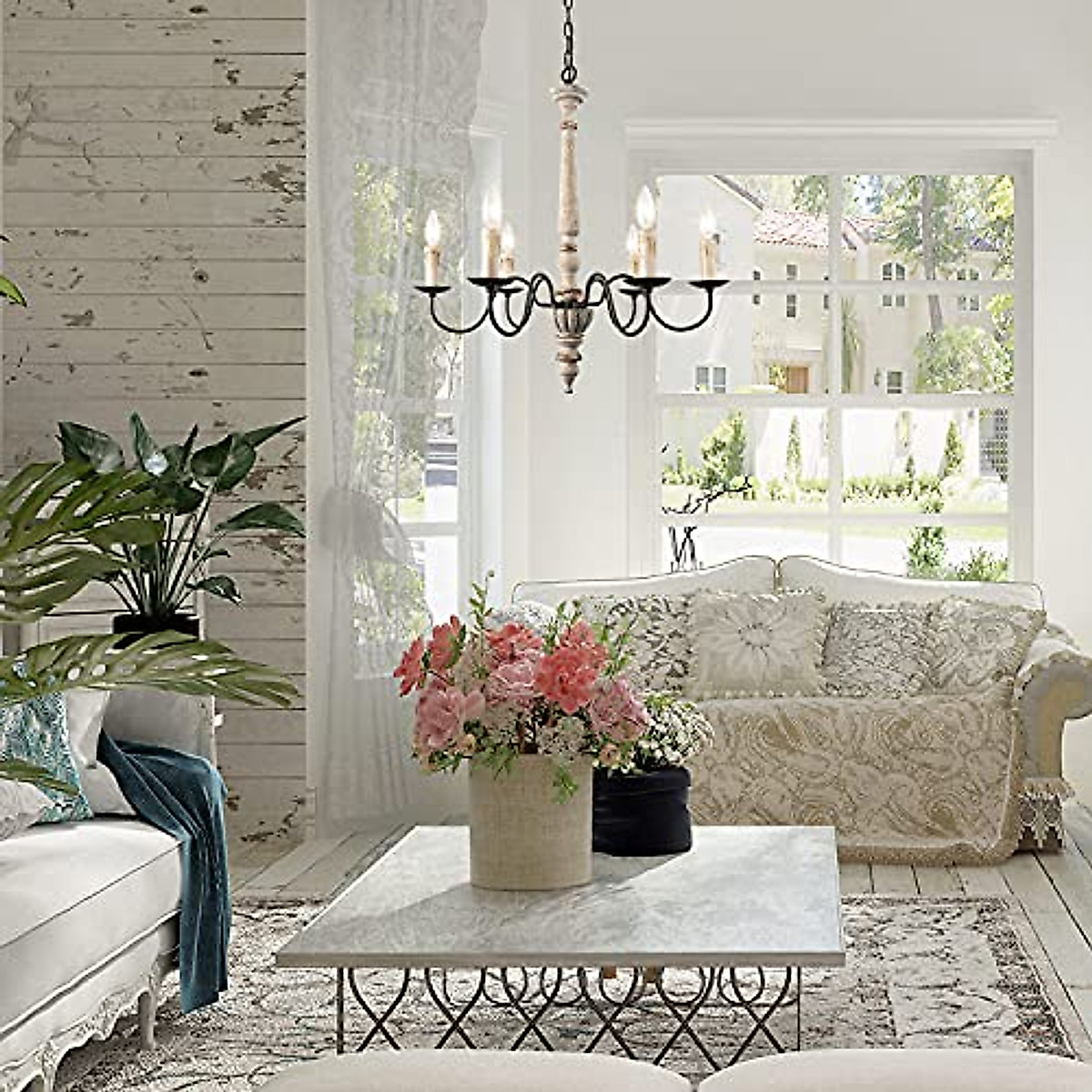 LALUZ French Country Chandelier Farmhouse Handmade Wood 6 Lights for Dining, Bedroom, Living Room, Distressed