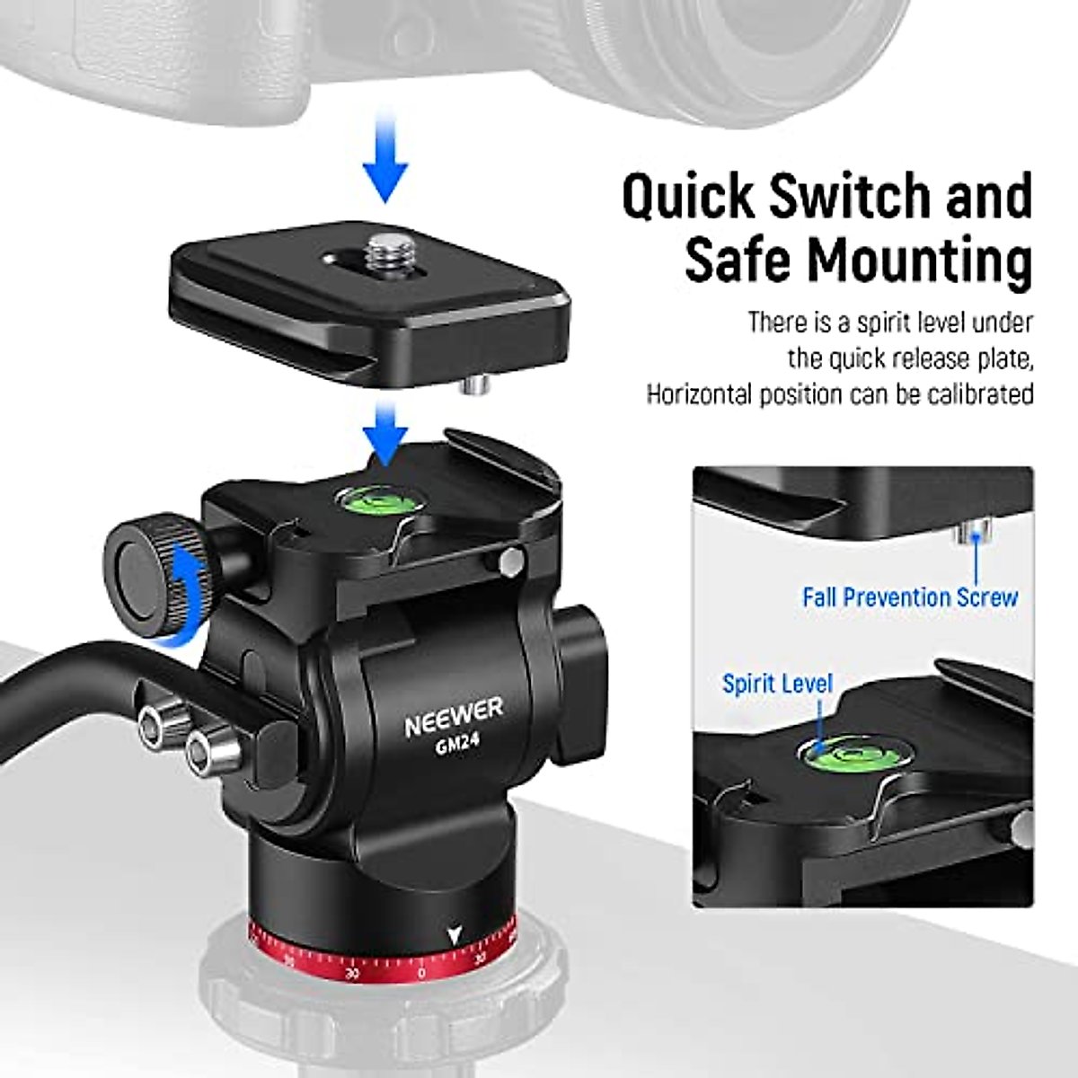 NEEWER Tripod Fluid Head Pan Tilt Head with Arca Type Quick Release Plate and Handle, Metal Panorama Head with Scaled Base (⌀37mm) for Compact Video Camera DSLR Camera, Load up to 6.6lb, GM24 (Red)