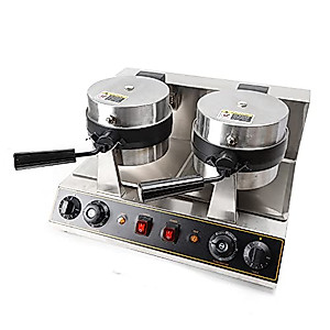 Commercial Dual-Head Rotating Non-Stick Round Belgian Waffle Maker - 1500W 7 Inch Stainless Steel Waffle Iron Machine for Restaurant or Bakery - Temperature and Time Control, 110V