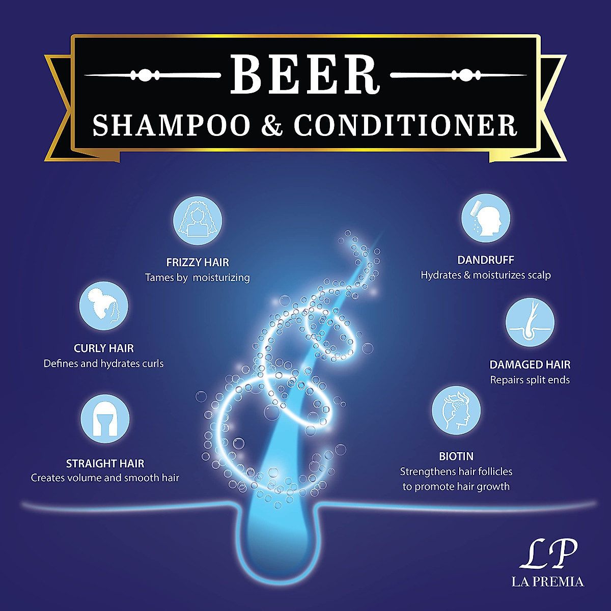 La Premia Beer Shampoo for Damage Free Hair - 16.90 fl oz - Original Yeast with Natural Ingredients, Biotin & Vitamin B5 for Men & Women - Color Safe, Cruelty Free
