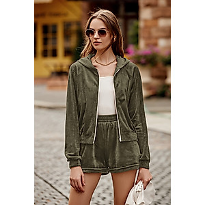 PRETTYGARDEN Women's 2 Piece Velour Tracksuit Casual Long Sleeve Zip Up Hoodie And Shorts Set Jogger Outfits (Army Green,Large)
