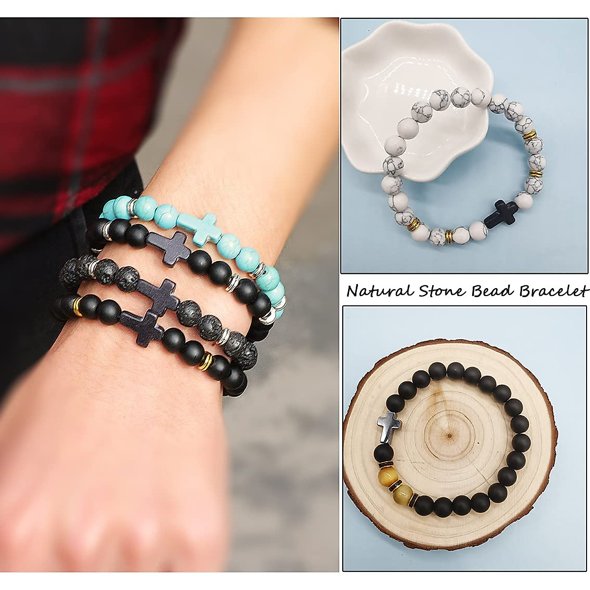 CASDAN 12Pcs Cross Beads Bracelet for Men Women 8mm Lava Tiger Eye Stone Stretch Bracelets Set