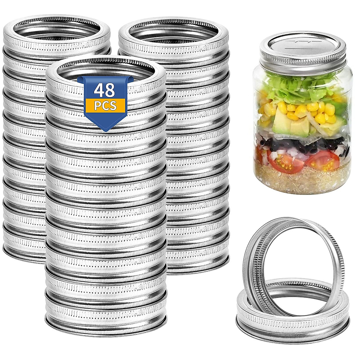 48 Pieces Regular Mouth Canning Jar Rings, Regular Mouth Mason Jar Replacement Metal Rings - Split-Type Seals Jar Rings Rust Proof Leak Proof Screw Bands for Canning Mason Jar