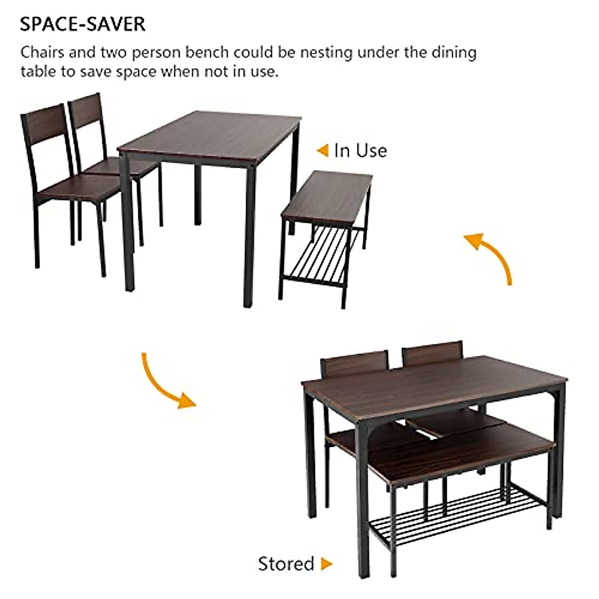 soges 4 Person Dining Table Set,43.3 inch Kitchen Table Set for 4,2 Chairs with Backrest,2-Person Bench with Storage Rack,Nesting Furniture Set for Dining Room and Restaurant, Rustic Oak GCCZ1008