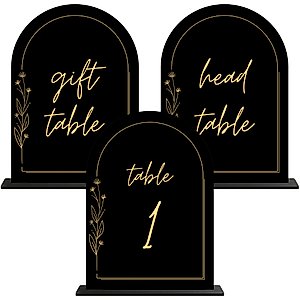 1-10 Black Arched Acrylic Wedding Table Numbers, Gold Print Acrylic Table Numbers for Wedding Reception with Head and Gift Table Number, Floral Gold Table Numbers, Gold Floral Design Table Numbers