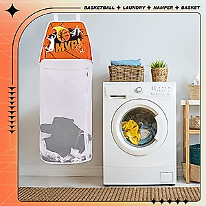 Basketball Laundry Hamper Over the Door Space Saving Hanging Mesh Laundry Basketball Hoop with Metal Hooks Laundry Hamper Basket For Kids Boys Girl Fun Birthday Gift Room Decor Collapsible