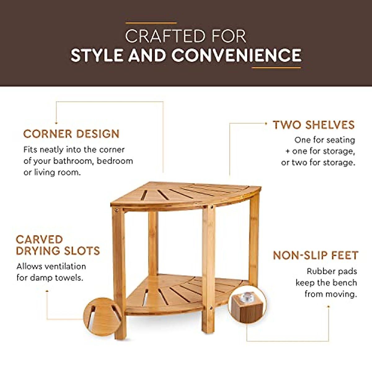 Bamboo Corner Shower Bench - Shower Stool, Shaving Stool with Non-Slip Feet - Wood 2-Tier Seat with Storage Shelf - Bathroom, Living Room, Bedroom, Garden Etc. Seat or Organizer
