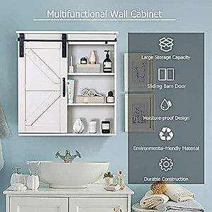 MFSTUDIO Farmhouse Small Bathroom Cabinet Wall Mounted Hanging Medicine Cabinets, Kitchen Storage Organizer with Rustic Barn Door for Living Room Bedroom, Ivory