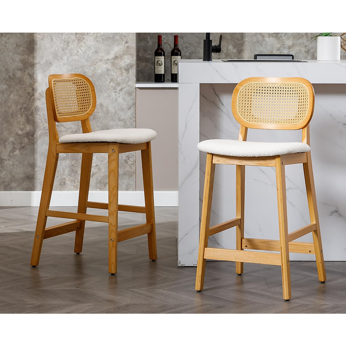 EALSON Counter Height Bar Stools Set of 2 Rattan Back Farmhouse Barstools Mid Century Modern Wood Bar Chairs Comfortable Sherpa Upholstered Kitchen Island Chairs for Pub/Breakfast Bar, Beige