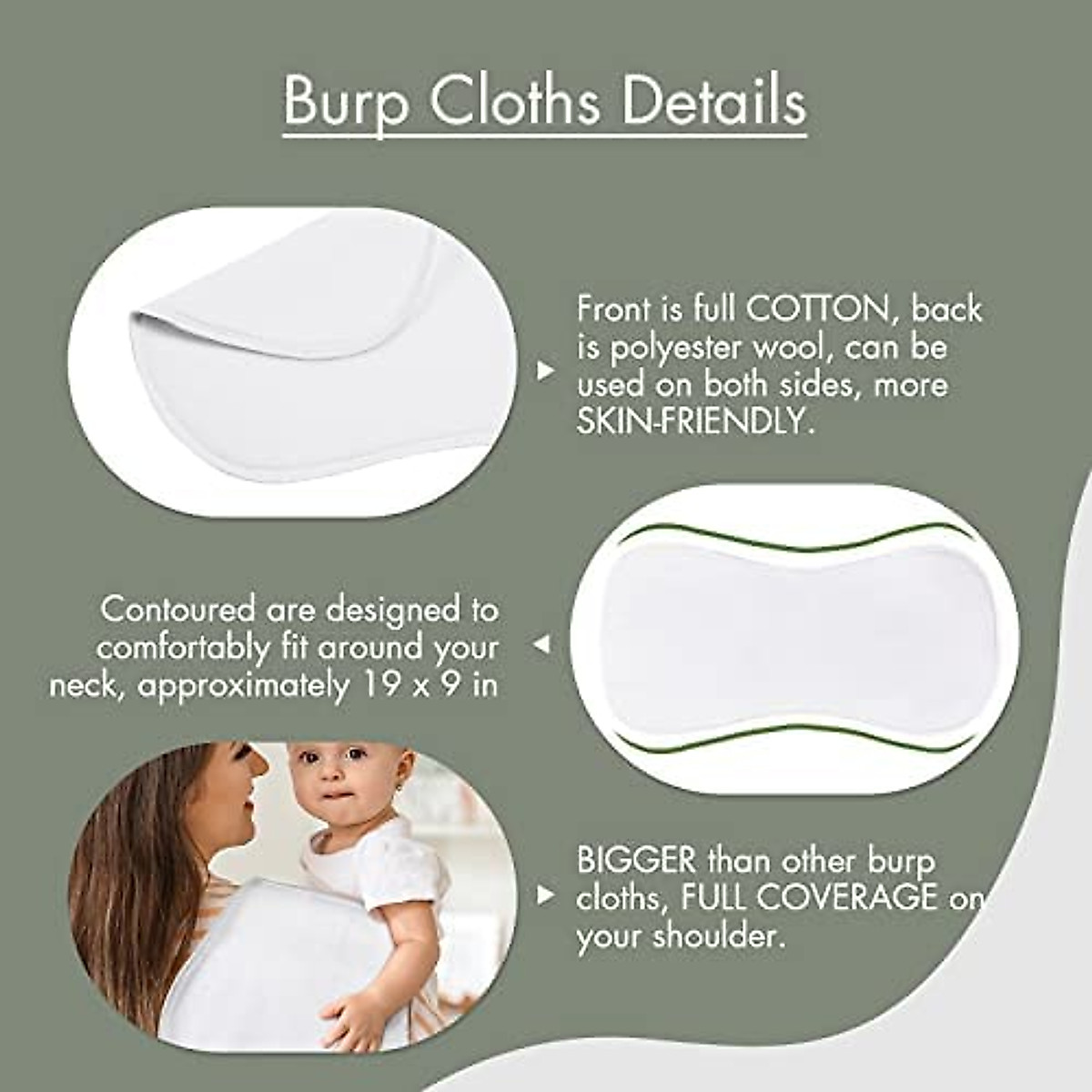 Baby Burp Cloth - 5 Packs Organic Cotton Two Layers Burping Rags, Large Contoured Ultra Soft and Thick Absorbent Towels, Unisex for Boys and Girls, Baby Shower, 19"x9"