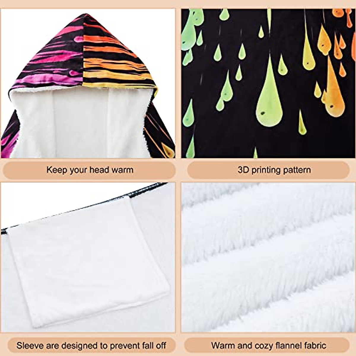 RAISEVERN Wearable Blanket Women Men Hooded Blanket 3D Printed Tie Dye Novelty Adult Plush Poncho with Sleeve Throw Lightweight Soft Sherpa Fleece Warm Winter for Home Sofa Bed 75X60 Inch Black