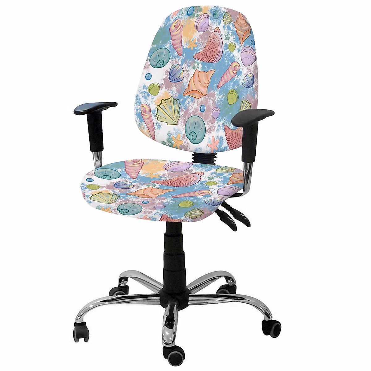 Colorful Conch Shell Office Chair Cover Stretchable Computer Chair Seat Cover Backrest Slipcovers, Ocean Beach Starfish Coastal Blue Pink Stretchable Rotating Desk Chair Seat Cushion Split Protectors