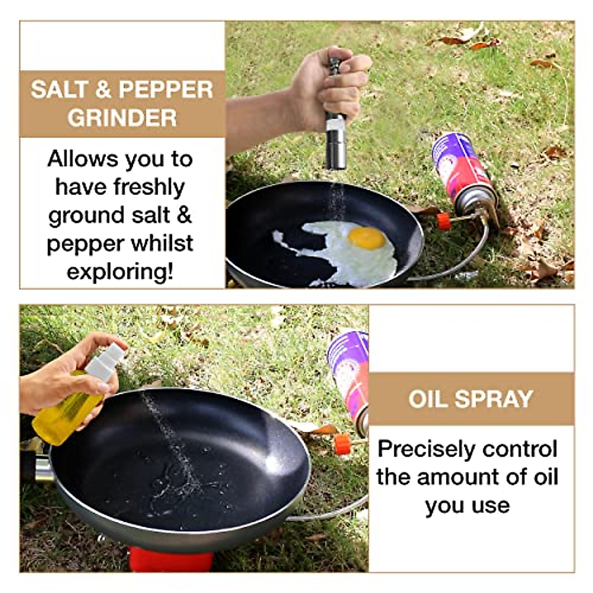 PLANET KITCHEN Travel Spice Kit - Portable Spice Containers great for Camping, Traveling, Bushcraft & RV - Seasoning Kit with 8 Jars, 2 Salt & Pepper Grinders, 1 Oil Spray and Waterproof Cover (Khaki)