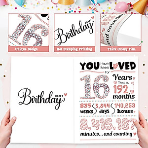 TSVATE Happy 16th Birthday Card, Sweet 16 Birthday Cards, Funny 16 Year Old Girl Birthday Gift Card, Happy 16th Birthday Gift for Women Her, Bday Card for Sweet 16th Daughter - Includes 16 Years Loved