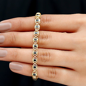 2 CT Bezel Set Black Onyx Unisex Round Shape Tennis Chain Bracelet (AAA Quality), 14K Yellow Gold, 6.5 inches