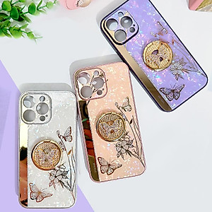 AMAZFCCY iPhone 13 Pro Max 6.7'' Kickstand Case, [Upgraded Metallic Paint] Cute 3D Butterfly Bling Glitter Luxury Rhinestone Hard Back Soft TPU Bumper for Apple iPhone 13 Pro Max 2021 (Purple)