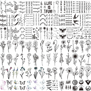 JEEFONNA Realistic Temporary Tattoos, 100 Sheets 240+ Pcs Tiny Fake Tattoos, Include 40 Sheets Inspirational Words Tattoo, 60 Sheets Butterflies Owls Feathers Hills Trees Wild Floral Flower Temporary Tattoos Stickers for Women Adult Kids (Bigger Size)