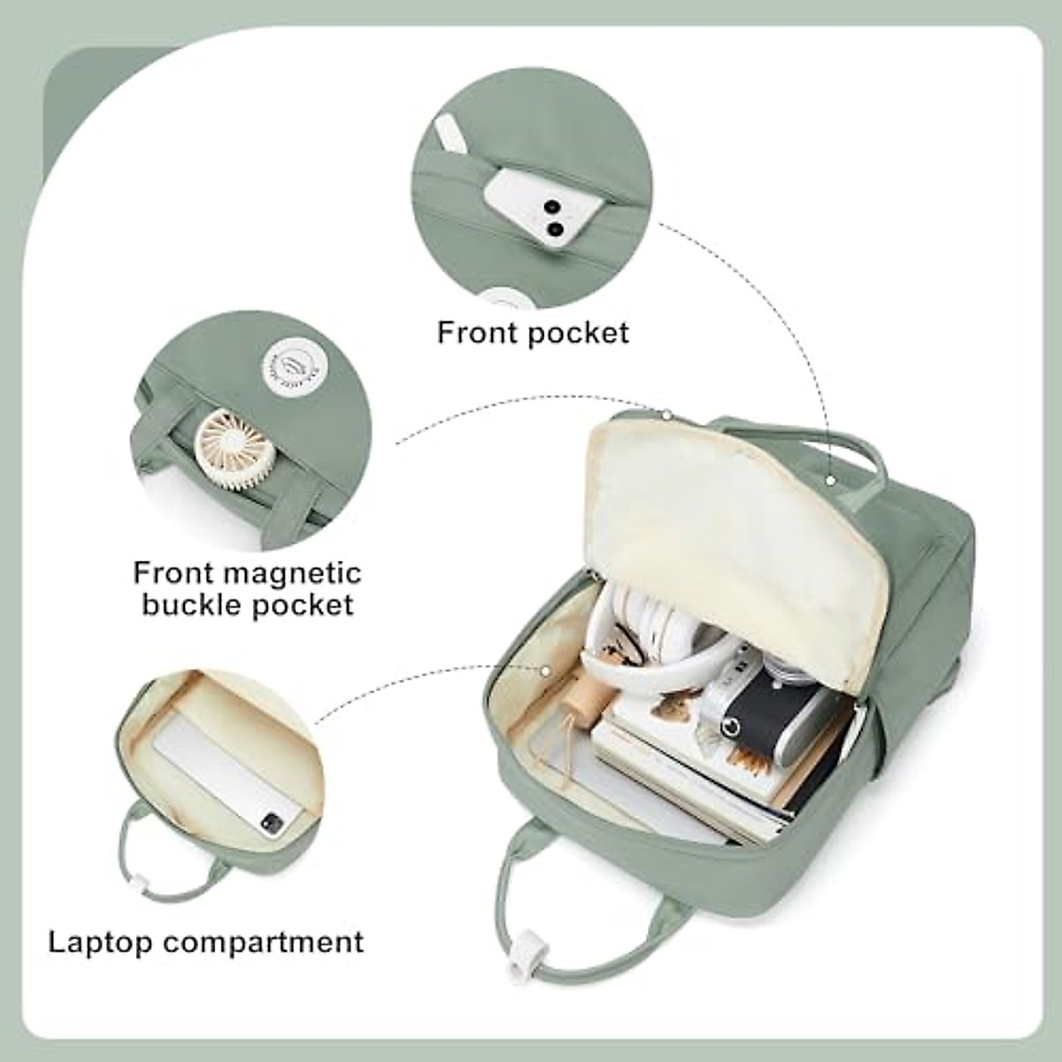 WEPOET Small School Backpacks For Travel,Cute Waterproof Bookbag For Teens Girls,Lightweight 14 inch Laptop College Back Packs Men,Aesthetic High School Bag(Light Green)