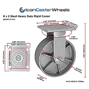 IconCasterWheels 6" x 2" Steel Heavy Duty Caster, Set of 4 Industrial Casters | 2 Swivel Top Lock Brake Caster & 2 Rigid Top Plate Caster | Top Plate 4 x 4.5", Load Capacity 4,800 lbs per Set (4-Pack)