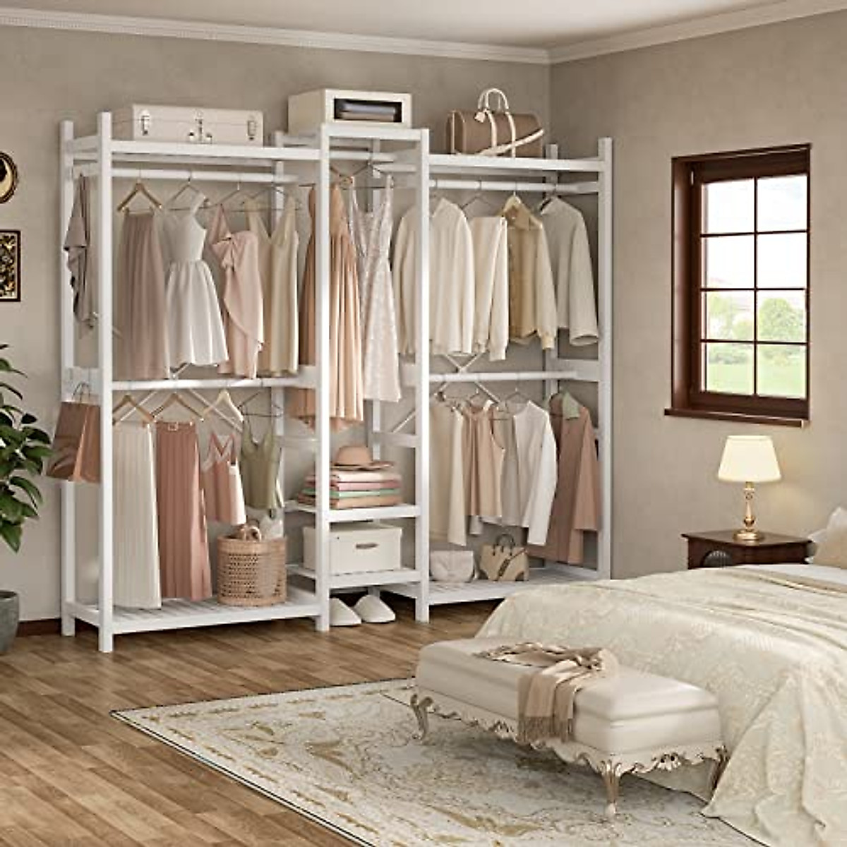 Hoiplu Bamboo Closet System Clothing Rack for Hanging Clothes, Large Garment Rack with Shelves and 5 Rods, 70”W x 77”H Heavy Duty Freestanding Clothes Rack Organizer for Wall-in Closet Bedroom, White
