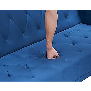 Eafurn Comfy Velvet Upholstered Futon Foldable Daybed Bed for Sleep Overs, Convertible Sleeper Loveseat with 2 Pillows, 71" Tufted Sofa & Couches with Golden Metal Legs for Compact Living Space, Blue