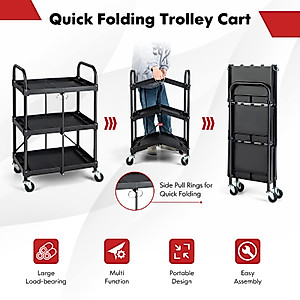 S AFSTAR 3-Tier Folding Tool Cart on Wheels, Rolling Tool Storage Organizer Cart W/Universal Wheels & Handrails, 300Lbs Load, Portable Utility Cart, Collapsible Service Cart for Garage Warehouse Home