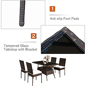 Tangkula 5 Piece Patio Wicker Dining Set, Outdoor Rattan Table and Chairs with w/Tempered Glass Table Top & Padded Cushions, Wicker Patio Conversation Furniture Set for Balcony Patio Garden Poolside