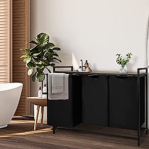 Graciadeco Pull Out Laundry Hamper 3 Compartment Laundry Sorter with Shelf 3 Section Laundry Basket with 3 x 16 Gallons Removable Bags, Black
