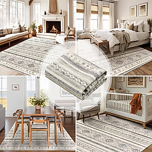 Madane 8x10 Area Rugs for Living Room, Stain Resistant Moroccan Washable Rugs 8x10, Thin Geometric Area Rugs 8x10 with Non-Slip Backing, Soft Low Pile Neutral 8x10 Rug, Grey/Ivory