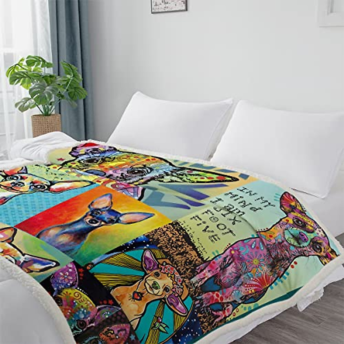 TOPTREE Chihuahua Blankets Fuzzy Dog Blanket for Kids Adults Lovely Oil Painting Puppy Fleece Blanket Cozy Plush Doggie Sherpa Throw Blanket for Couch Bed Sofa (60x80 inches)