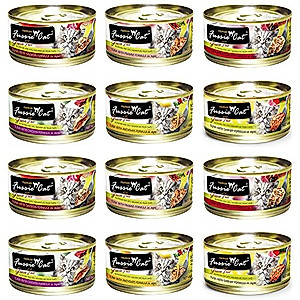 Fussie Cat Premium Grain-Free Canned Wet Food Variety Bundle - 2.8 Oz. - Tuna with Chicken, Tuna with Shrimp, Tuna with Oceanfish, Tuna with Salmon, Tuna with Mussels, and Tuna with Prawns (12 Pack)